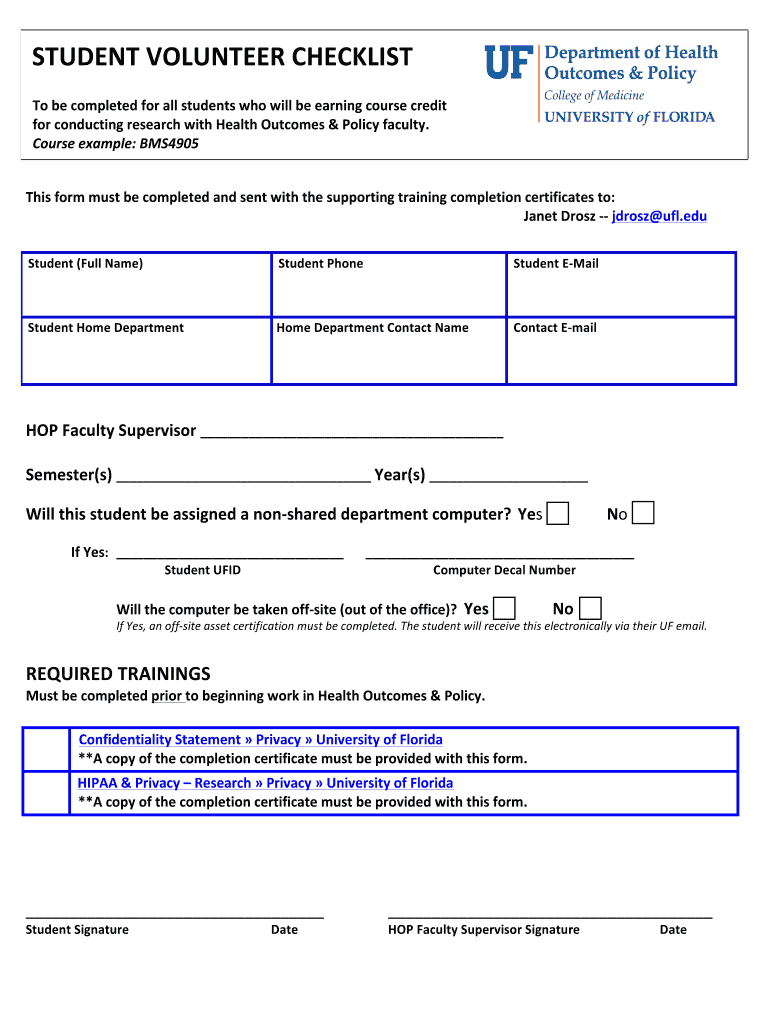 Fillable Online com-hop sites medinfo ufl Student volunteer checklist ...