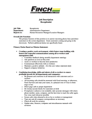 Fillable Online Job Description Receptionist