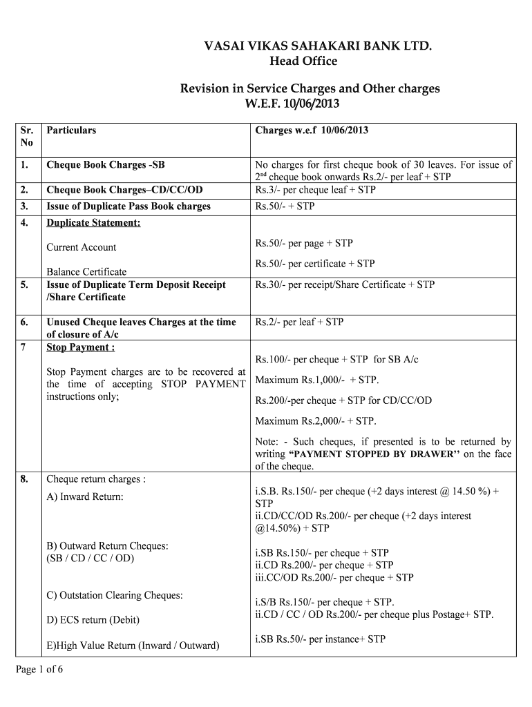 Fillable Online Revision in Service Charges and Other charges Fax Email ...