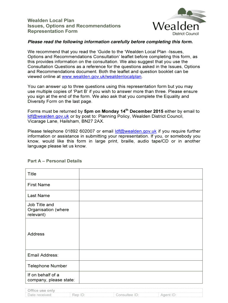 Fillable Online Wealden Local Plan Issues Options and Recommendations Fax Email Print - pdfFiller