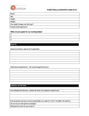Fillable Online Health History and Nutrition Intake Form Fax Email ...