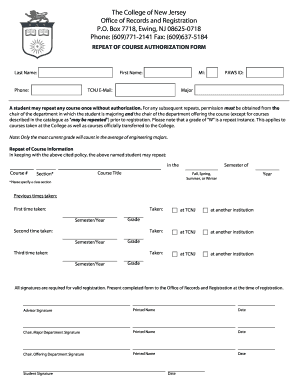 Fillable Online Repeat of Course Authorization Form - Office of Records ...