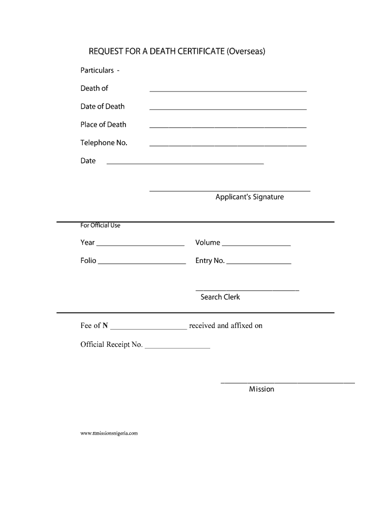 Fillable Online REQUEST FOR A DEATH CERTIFICATE Overseas Fax Email ...