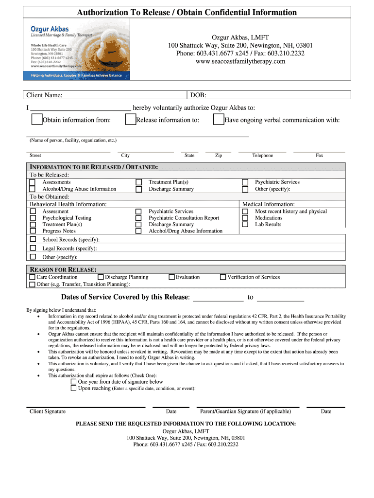 Fillable Online Authorization To Release Obtain Confidential Information Fax Email Print - pdfFiller