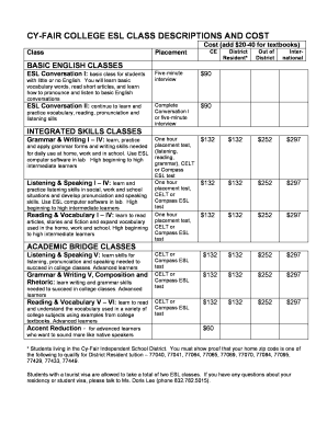 Fillable Online wwwappscfc lonestar CY-FAIR COLLEGE ESL CLASS ...