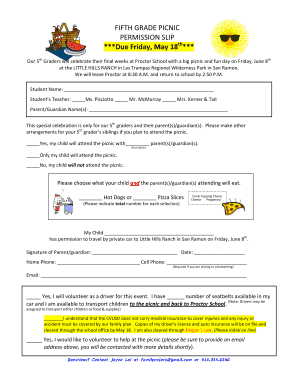 Fillable Online proctor cv k12 ca FIFTH GRADE PICNIC PERMISSION SLIP ...