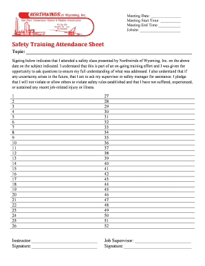 Fillable Online Safety Training Attendance Sheet - Northwinds Fax Email ...