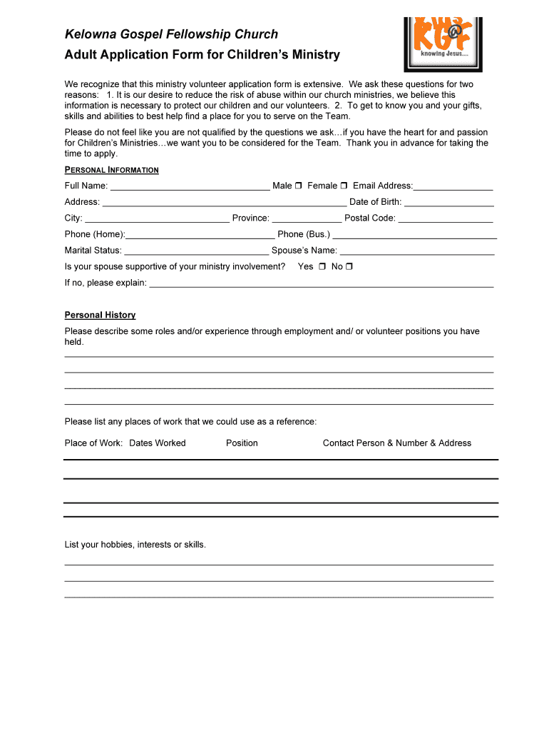 Fillable Online Kelowna Gospel Fellowship Church Adult Application Form Fax Email Print - pdfFiller