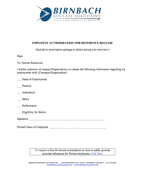 Fillable Online EMPLOYEE AUTHORIZATION FOR REFERENCE RELEASE Fax Email Print - pdfFiller