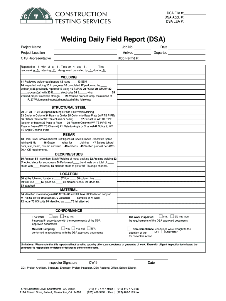 Fillable Online Welding Field Report Front DSA Fax Email Print - pdfFiller