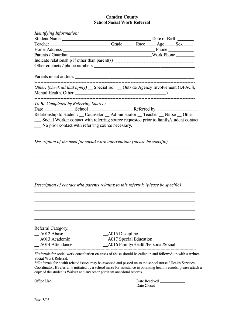 Fillable Online smms camden schooldesk School Social Work Referral Form ...