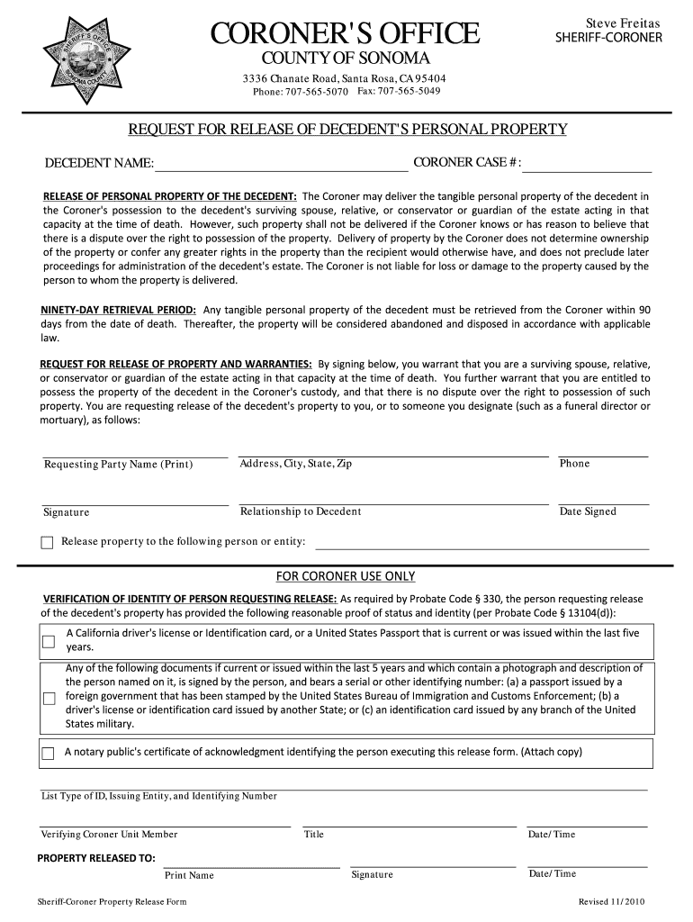 Fillable Online Coroner's Office Authorization - Fred Young Funeral ...