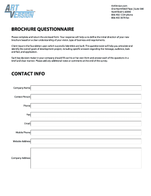 Fillable Online BROCHURE QUESTIONNAIRE CONTACT INFO - ArtVersion Fax ...