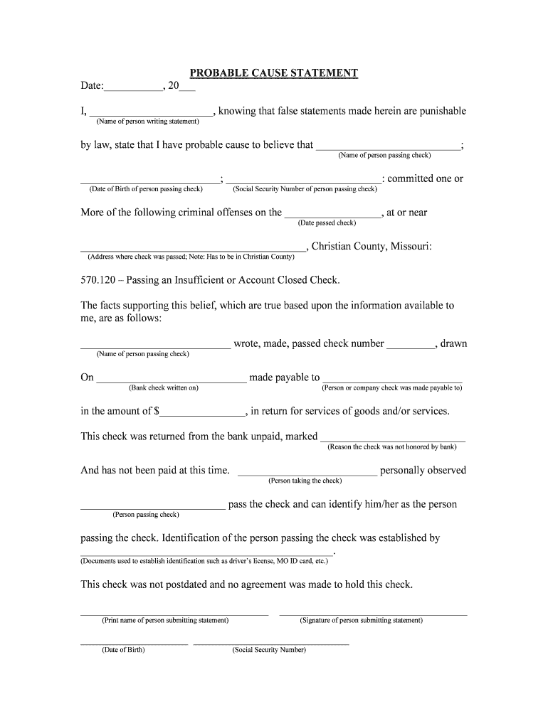 Fillable Online christiancountyprosecutor PROBABLE CAUSE STATEMENT BAD ...