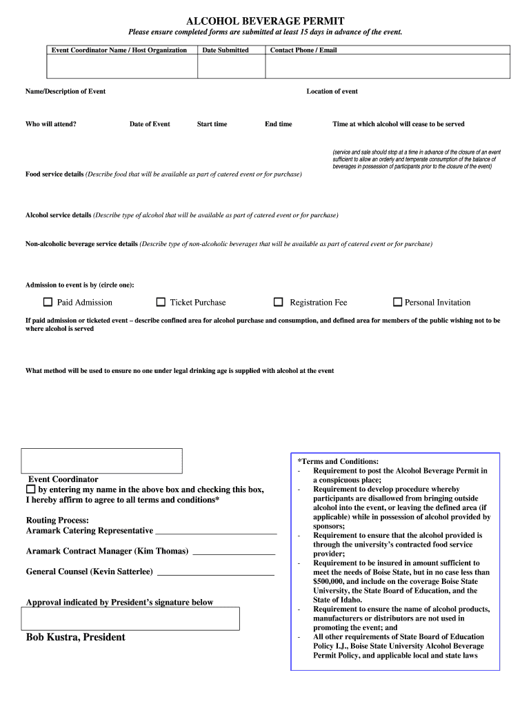 Fillable Online sub boisestate ALCOHOL BEVERAGE PERMIT Bob Kustra, President - Boise State ...