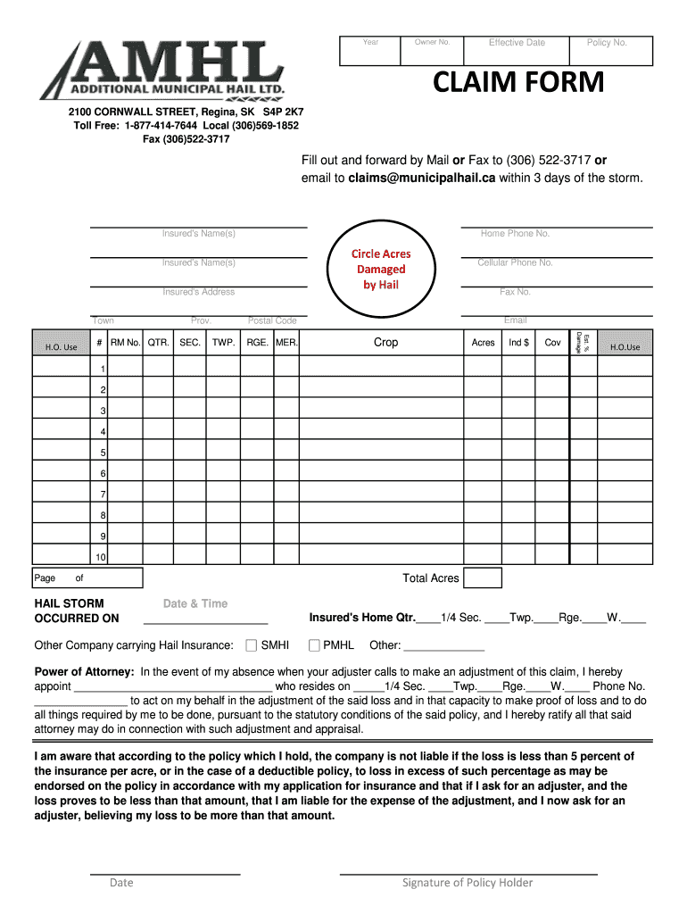 Fillable Online smhi Owner No CLAIM FORM - Municipal Hail Fax Email ...
