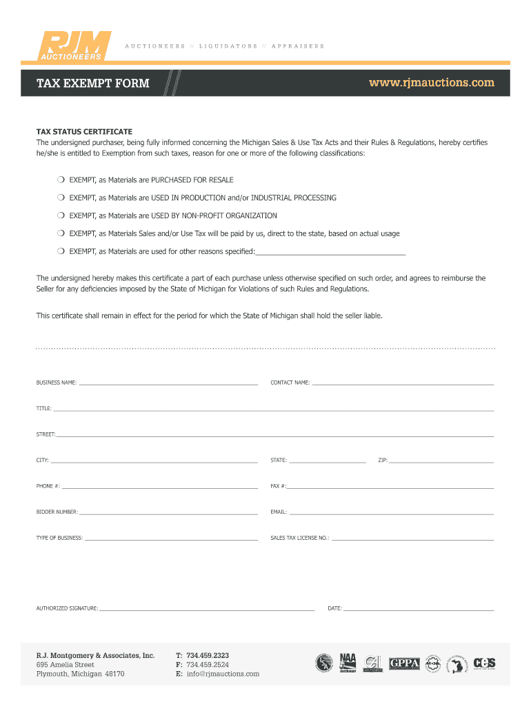 Fillable Online TAX EXEMPT FORM wwwbrjmauctionsb Fax Email Print ...