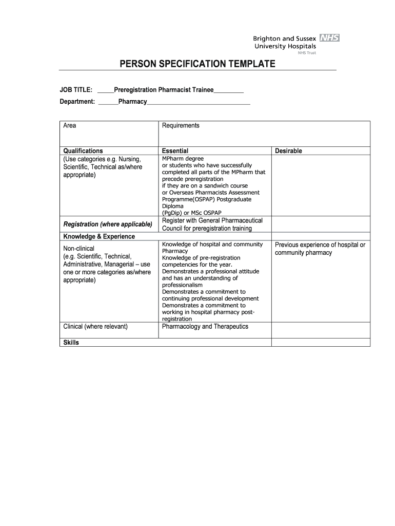 Fillable Online pharmalife co PERSON SPECIFICATION TEMPLATE - Pharma ...