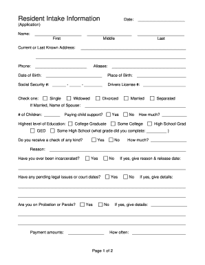 Fillable Online Resident Intake Information - bhouseofdisciplesbbcomb ...