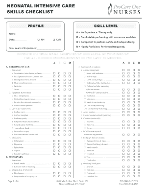 Fillable Online NEONATAL INTENSIVE CARE SKILLS CHECKLIST - ProCare One ...