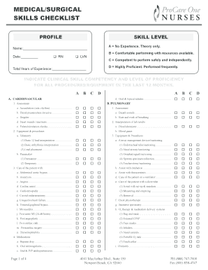 Fillable Online MEDICALSURGICAL SKILLS CHECKLIST - ProCare One Fax ...
