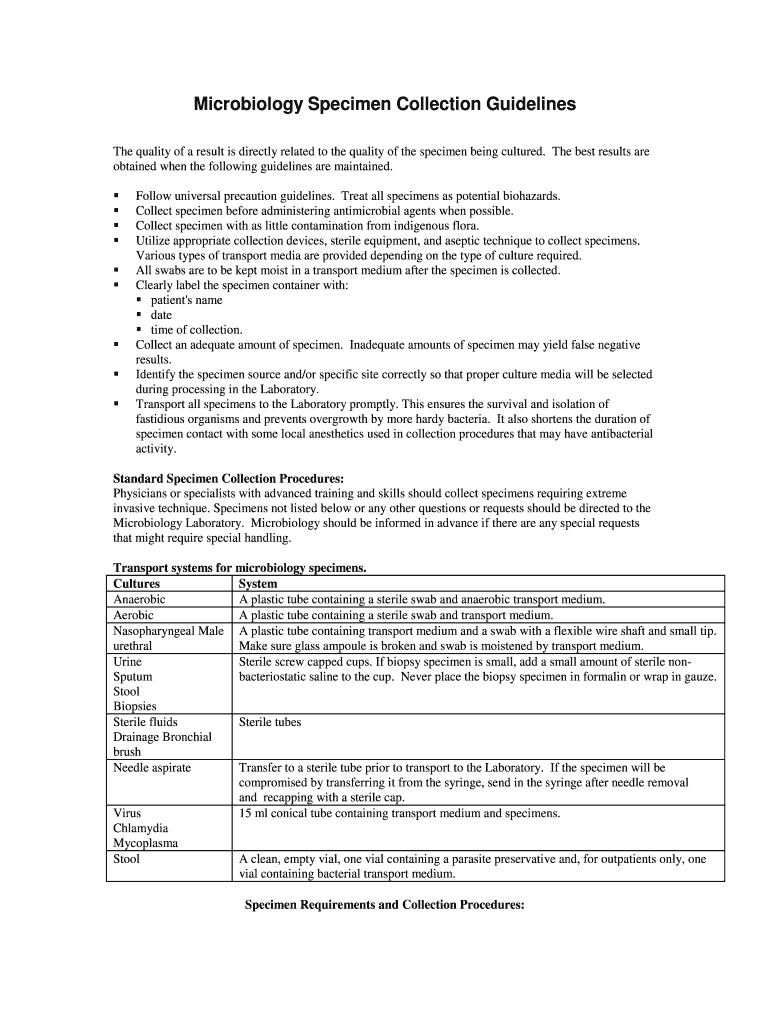 Fillable Online Microbiology Specimen Collection Guidelines Fax Email ...
