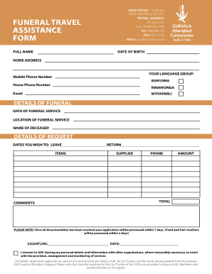 Fillable Online FUNERAl tRAvEl AssistANcE FoRm - Gumala Aboriginal ...