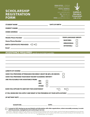 Fillable Online SCHOLARSHIP REGISTRATION FORM - Gumala Aboriginal ...