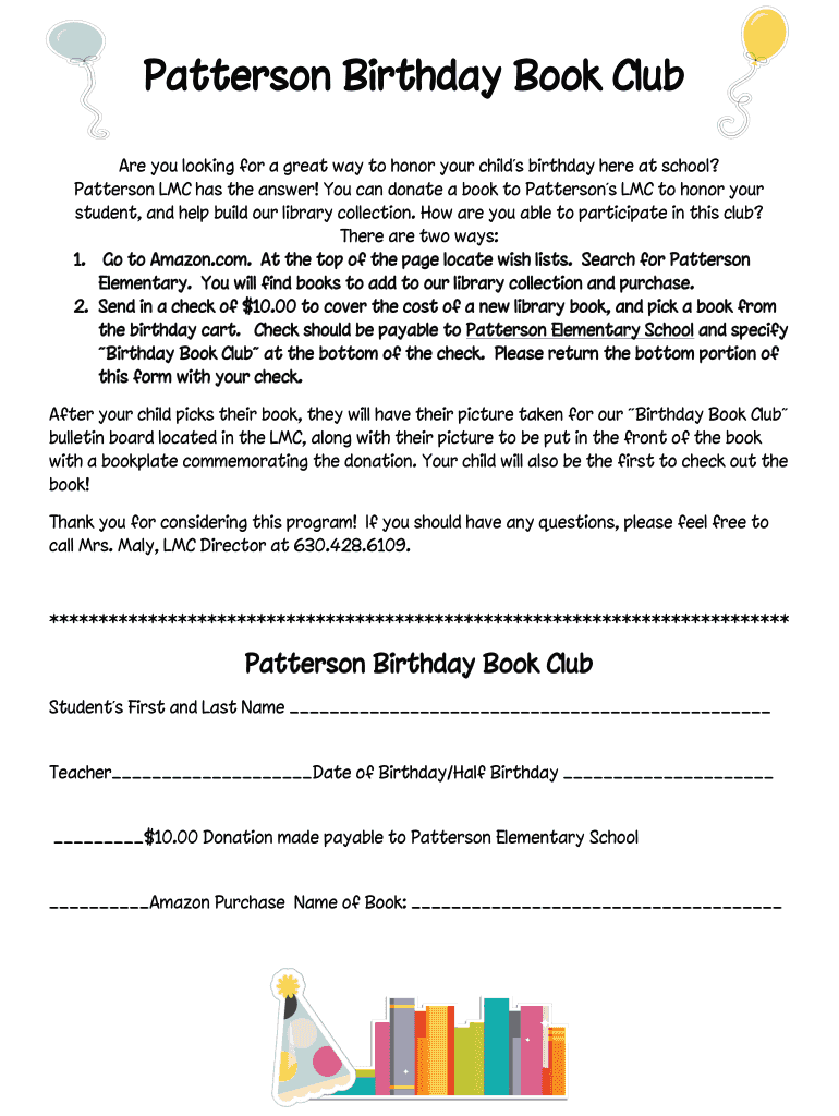 Fillable Online Patterson Birthday Book Club - Patterson Elementary ...