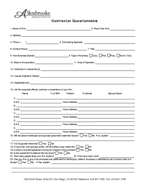 Fillable Online Contractor Questionnaire - Allenbrooke Insurance ...