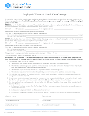 Fillable Online Employee's Waiver of Health Care Coverage - Blue Cross ...