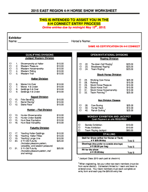 Fillable Online d54-h tamu 2015 EAST REGION 4H HORSE SHOW WORKSHEET ...