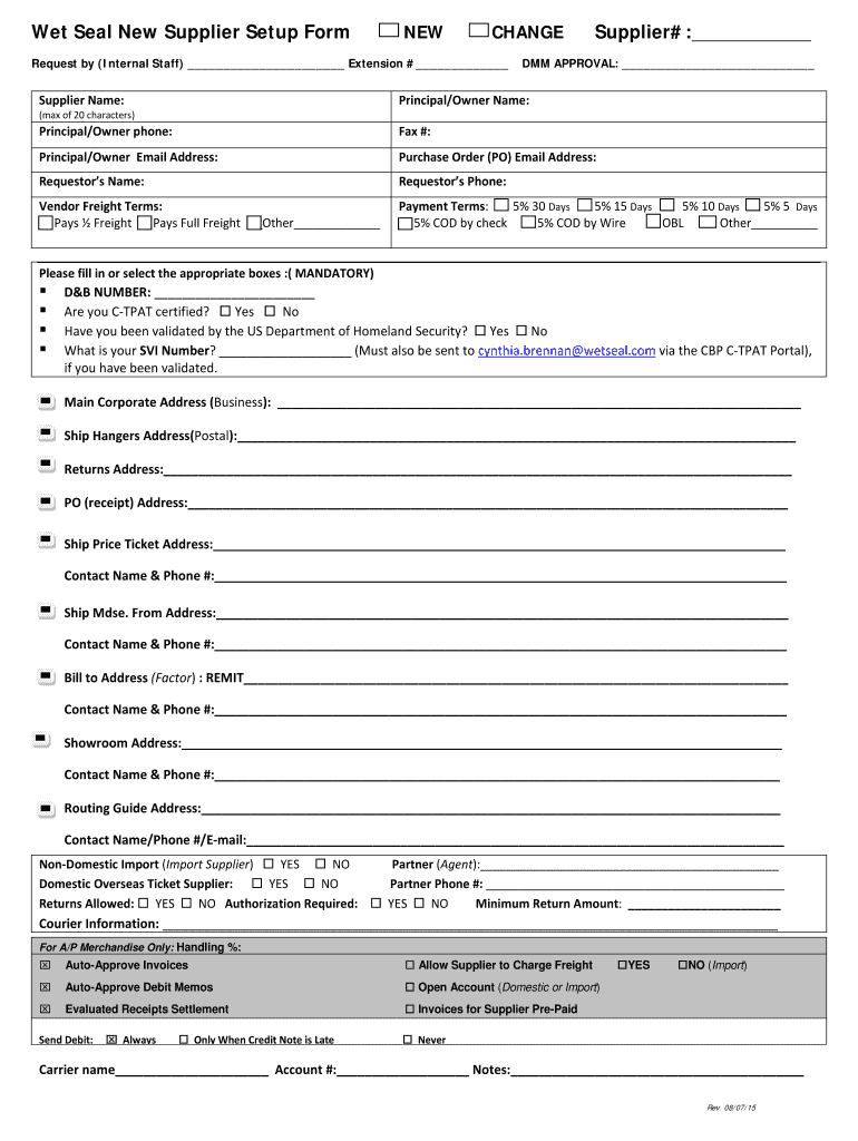 Fillable Online New Supplier Setup Form - Wet Seal bLLCb Fax Email Print - pdfFiller