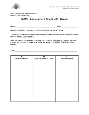 Fillable Online louisianavoices K-W-L Assessment Sheet - 8th Grade ...