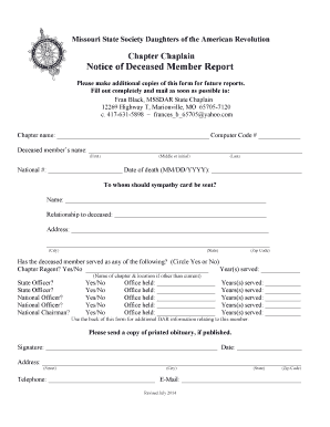 Fillable Online mssdar Chapter Chaplain Notice of Deceased Member ...