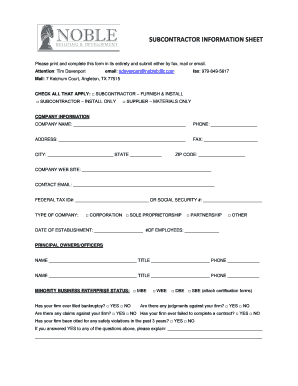 Fillable Online SUBCONTRACTOR INFORMATION SHEET - bnoblebdllcbbcomb Fax ...