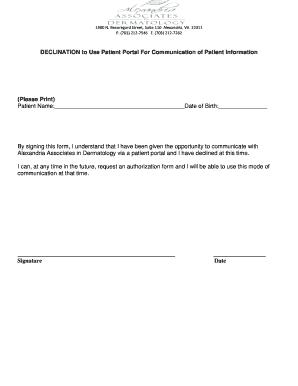 Fillable Online DECLINATION to Use Patient Portal For Communication of ...