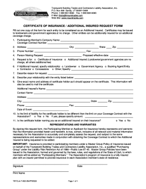 Fillable Online CERTIFICATE OF INSURANCE ADDITIONAL INSURED REQUEST ...