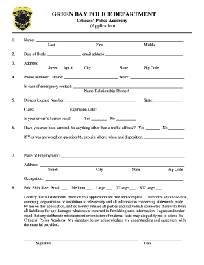 Fillable Online gbpolice Citizen's Academy Application - Green Bay ...