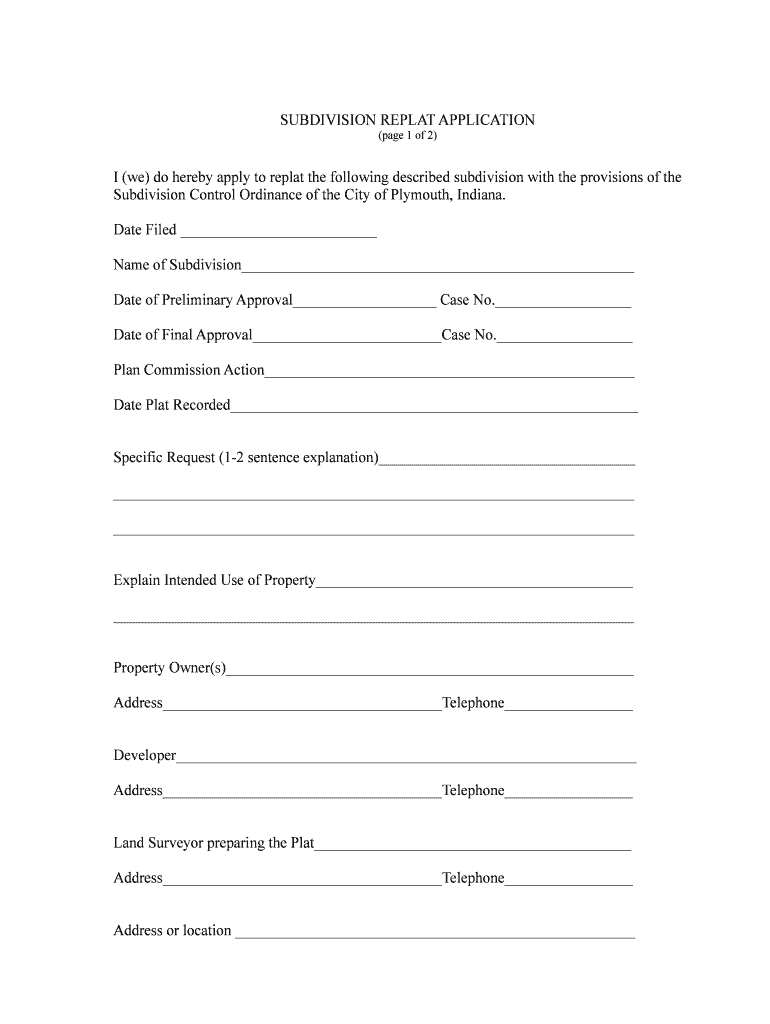 Fillable Online SUBDIVISION REPLATAPPLICATION page 1 of 2 Fax Email ...