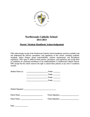 Fillable Online northwoodscatholic Parent Student Handbook ...