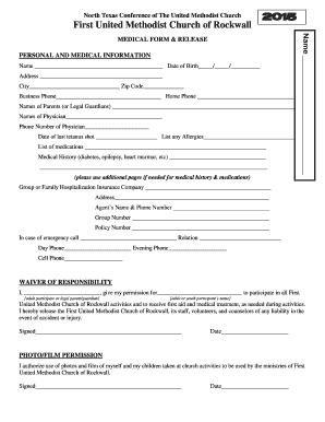 Fillable Online Church Medical Form - First UMC Rockwall Fax Email ...