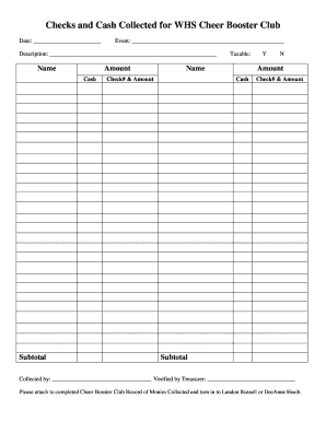 Fillable Online Checks and Cash Collected for WHS Cheer Booster Club ...