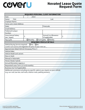 Fillable Online Novated Lease Quote Request Form - Cover U Fax Email ...