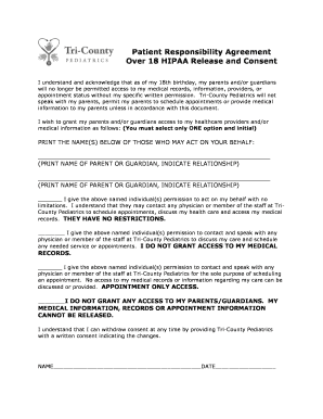 Fillable Online Over 18 Patient Responsibility Agreement - Tri-County ...