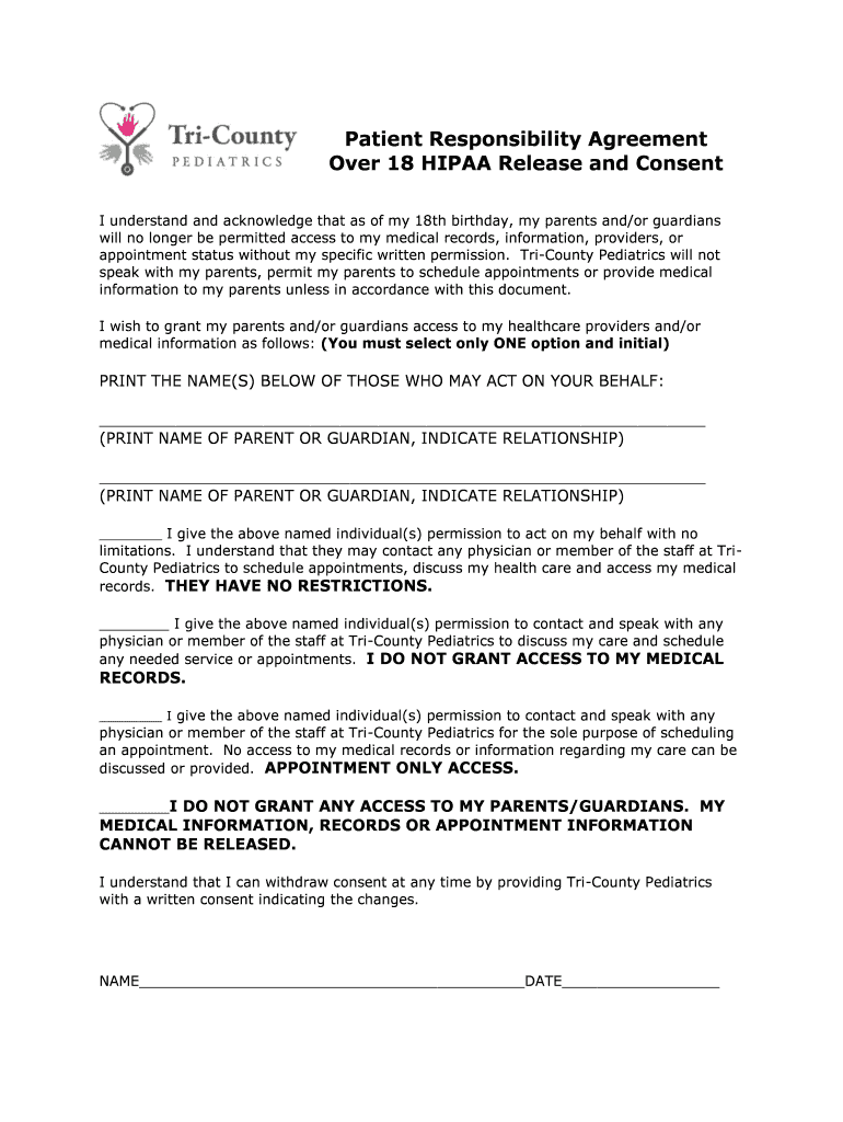 Fillable Online Over 18 Patient Responsibility Agreement - Tri-County ...