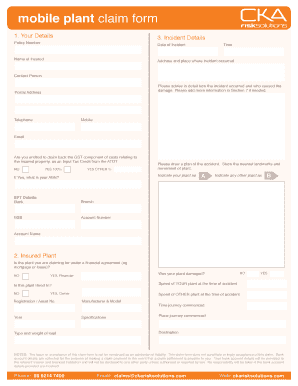 Fillable Online Mobile plant claim form - CKA Risk Solutions Fax Email ...