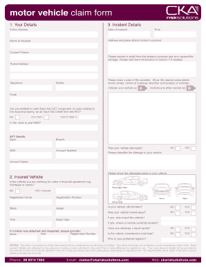 Fillable Online Motor vehicle claim form - CKA Risk Solutions Fax Email ...