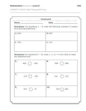 Fillable Online Mathematics Success Level D S49 LESSON 5: MultiDigit ...