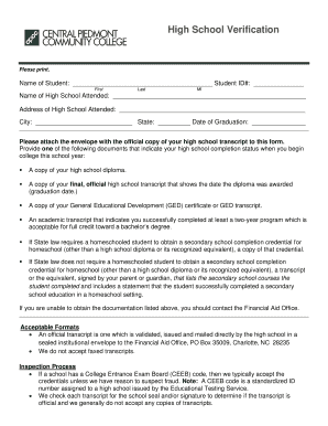 Fillable Online cpcc High School Verification - Central Piedmont ...